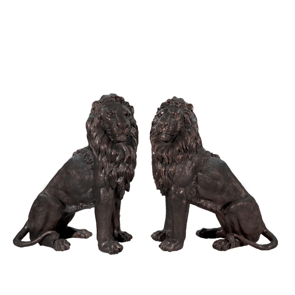Bronze Standing Lion with Ball Sculpture Pair - Metropolitan Galleries Inc.