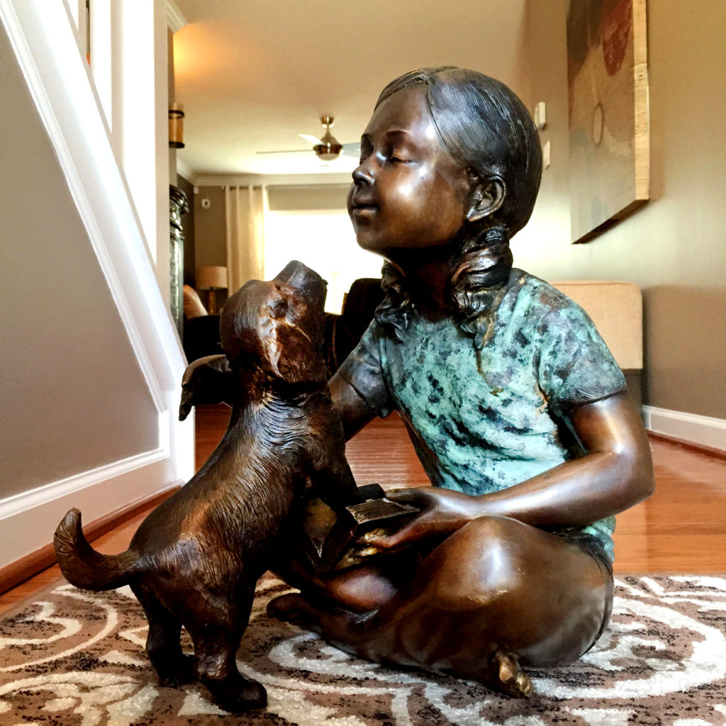 Bronze Man & Dog with Lantern Sculpture - Metropolitan Galleries Inc.