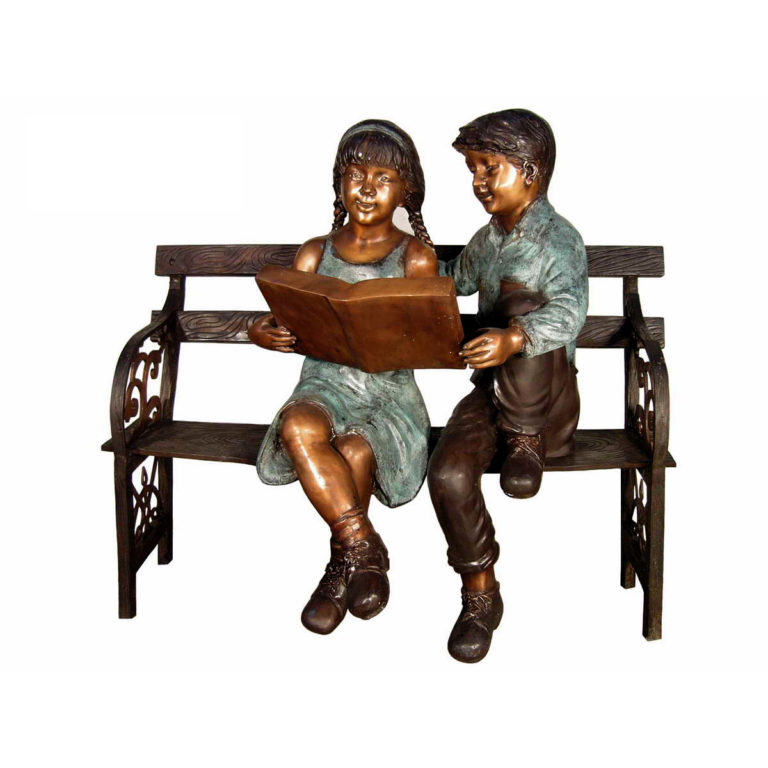 Bronze Children Reading on Bench Sculpture - Metropolitan Galleries Inc.