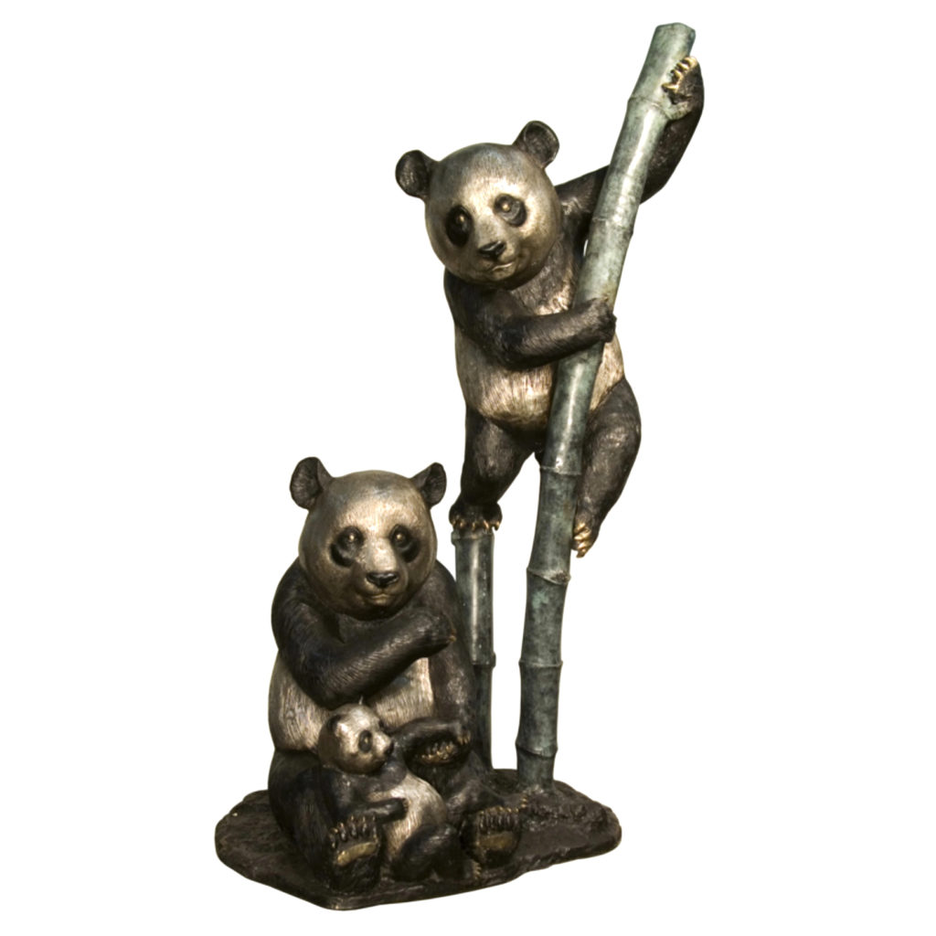 Bronze Panda Family on Bamboo Sculpture - Metropolitan Galleries Inc.